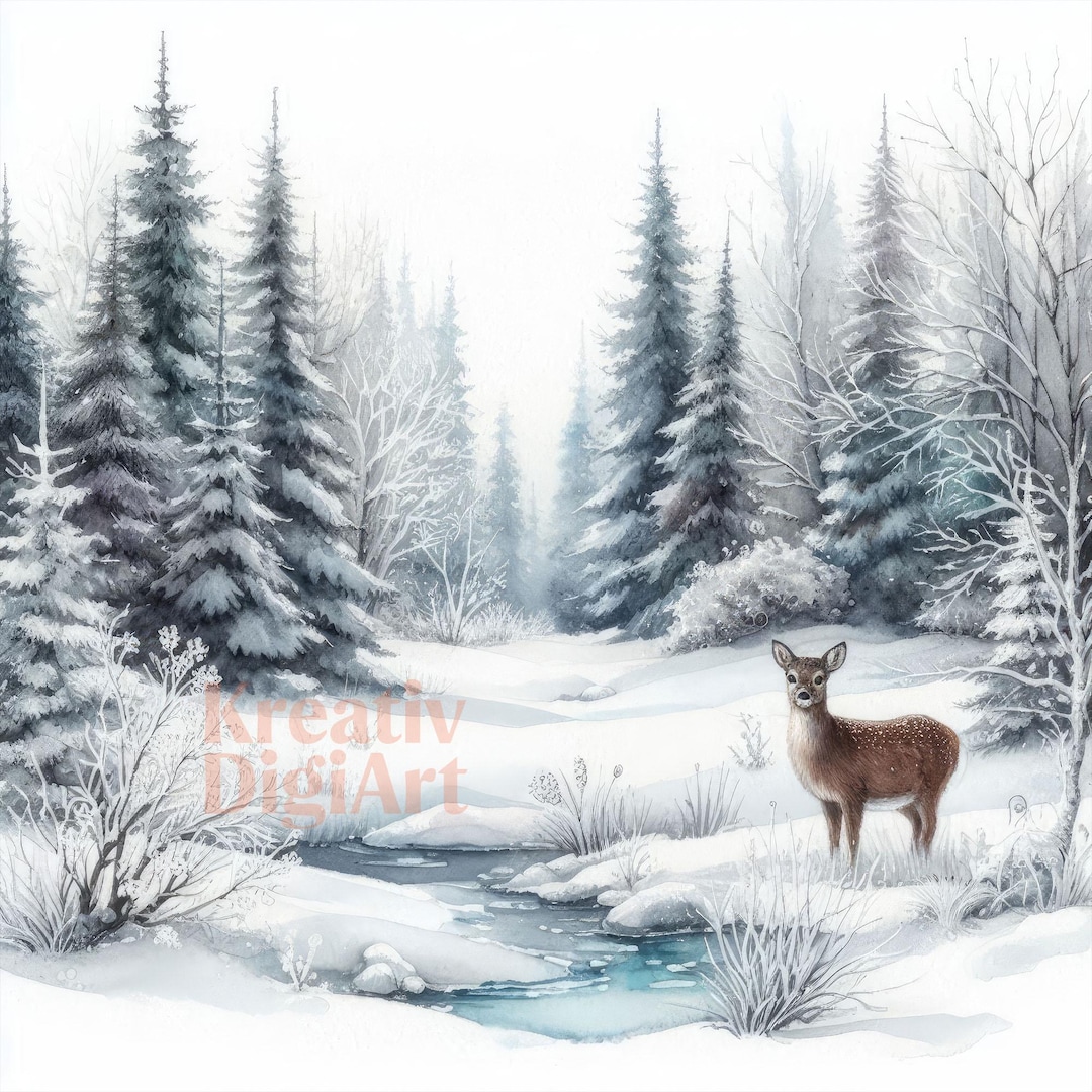 Watercolor Winter Forest Clipart, Snowy Forest Scene JPG, Winter in the ...
