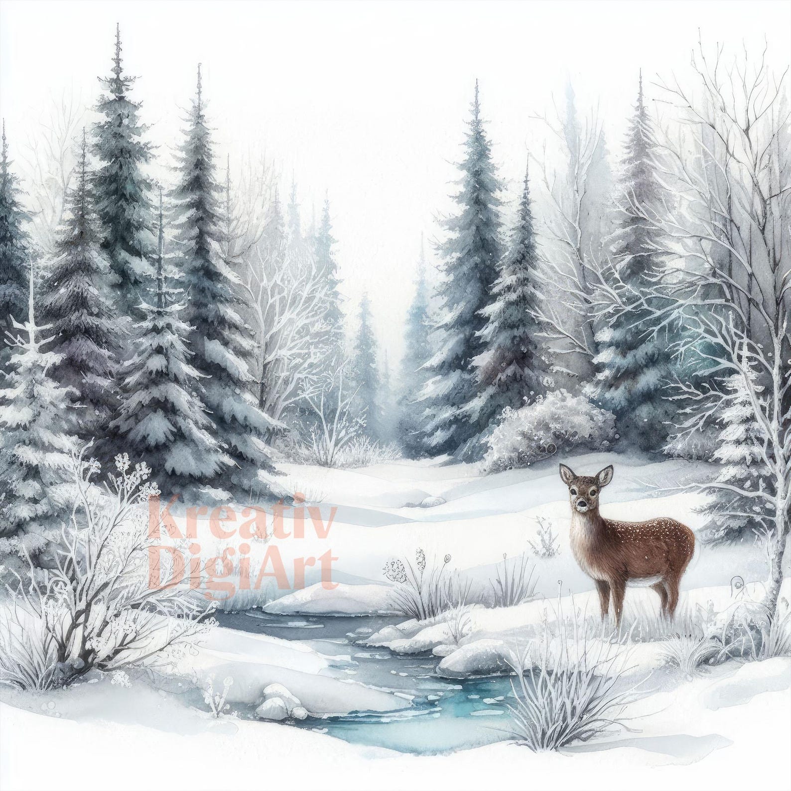 Watercolor Winter Forest Clipart, Snowy Forest Scene JPG, Winter in the ...