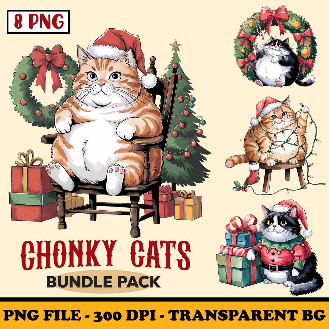 Chonky Cat Clipart, Chubby Santa Cat PNG, Cute Holiday Cat Sublimation ...