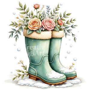 Pastel Floral Rain Boots Clipart, Winter Floral JPG, Snow-covered Boot ...