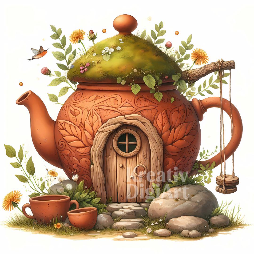Fairy Teapot House Clipart, Fantasy Cottage Core JPG, Cozy Fairy House ...