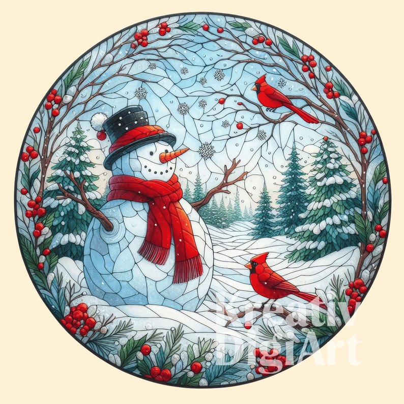 Winter Scene Stained Glass Clipart, Winter Landscape PNG, Snowflake ...