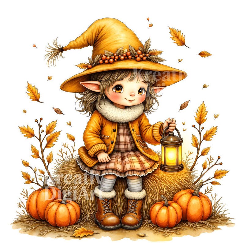 Autumn Gnome Girl Clipart, Watercolor Cute Rustic Fall Gnomes Sitting ...