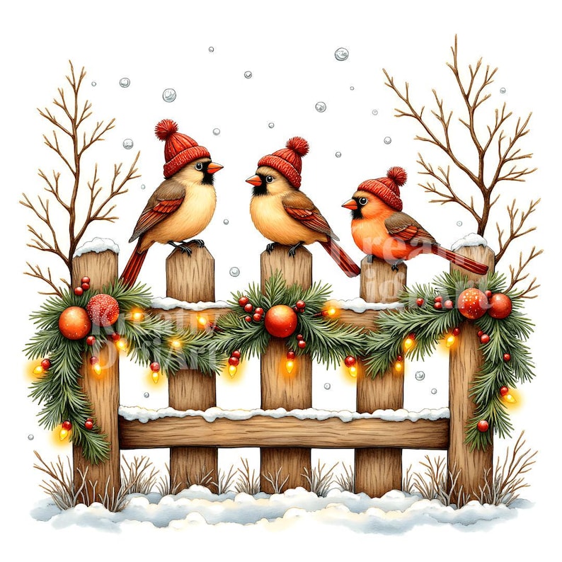 12 Christmas Cardinal Clipart, Watercolor Snowy Fence, Holiday Red ...