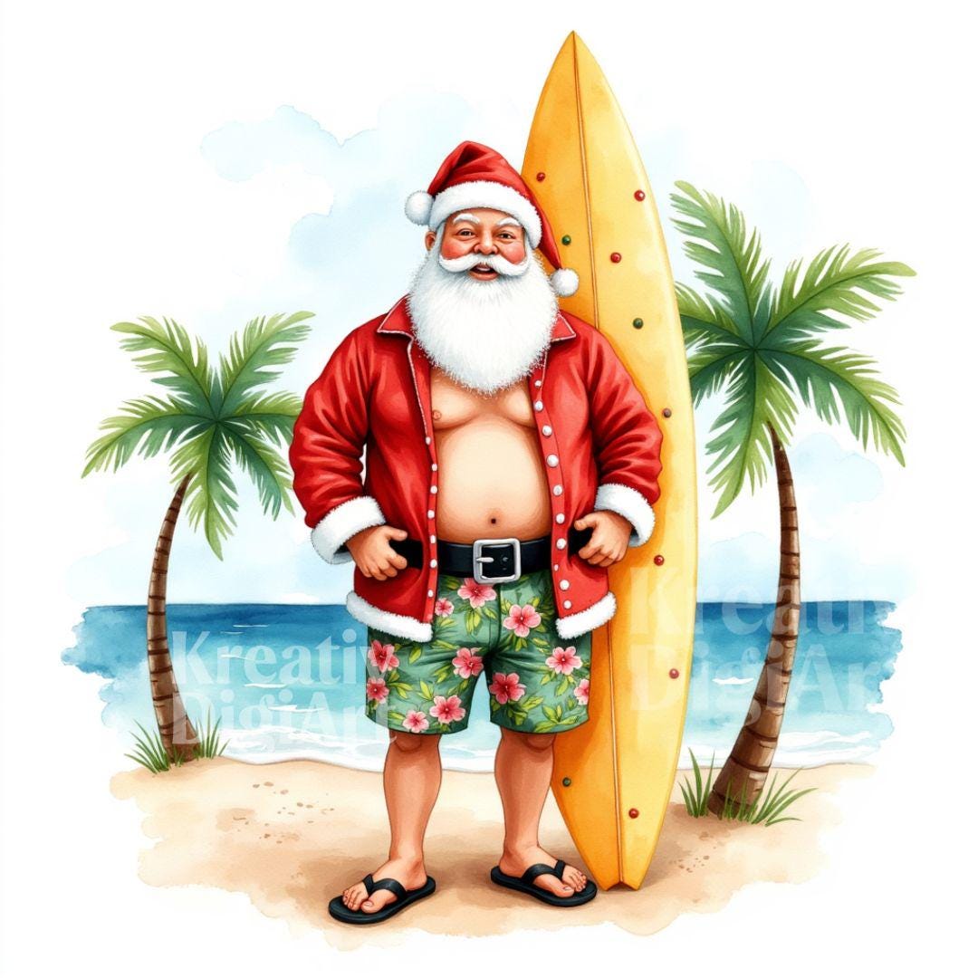 4+++ Tropical Santa Claus Clipart, Watercolor Surfing Santa JPEG ...