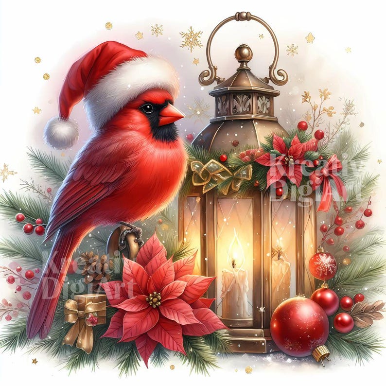 10 Christmas Cardinal Clipart, Watercolor Bird Clip Art, Holiday Red ...