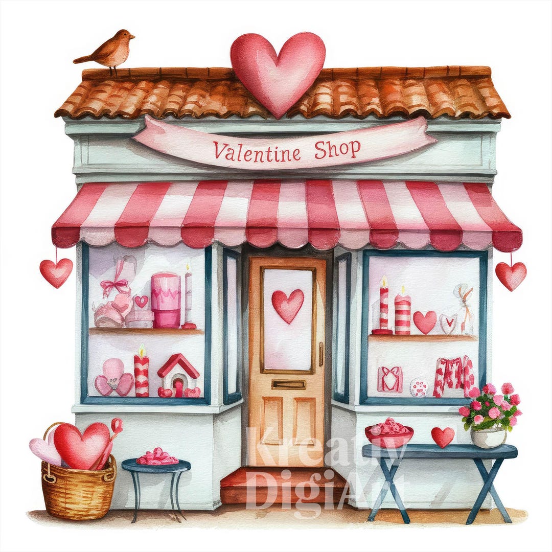 Valentine Shop Clipart, Whimsical Valentine Storefront JPG, Cute Gift ...