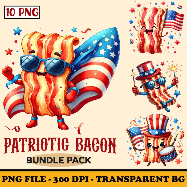 Watercolor Patriotic Bacon Clipart, 4th of July Bacon Mascot PNG ...