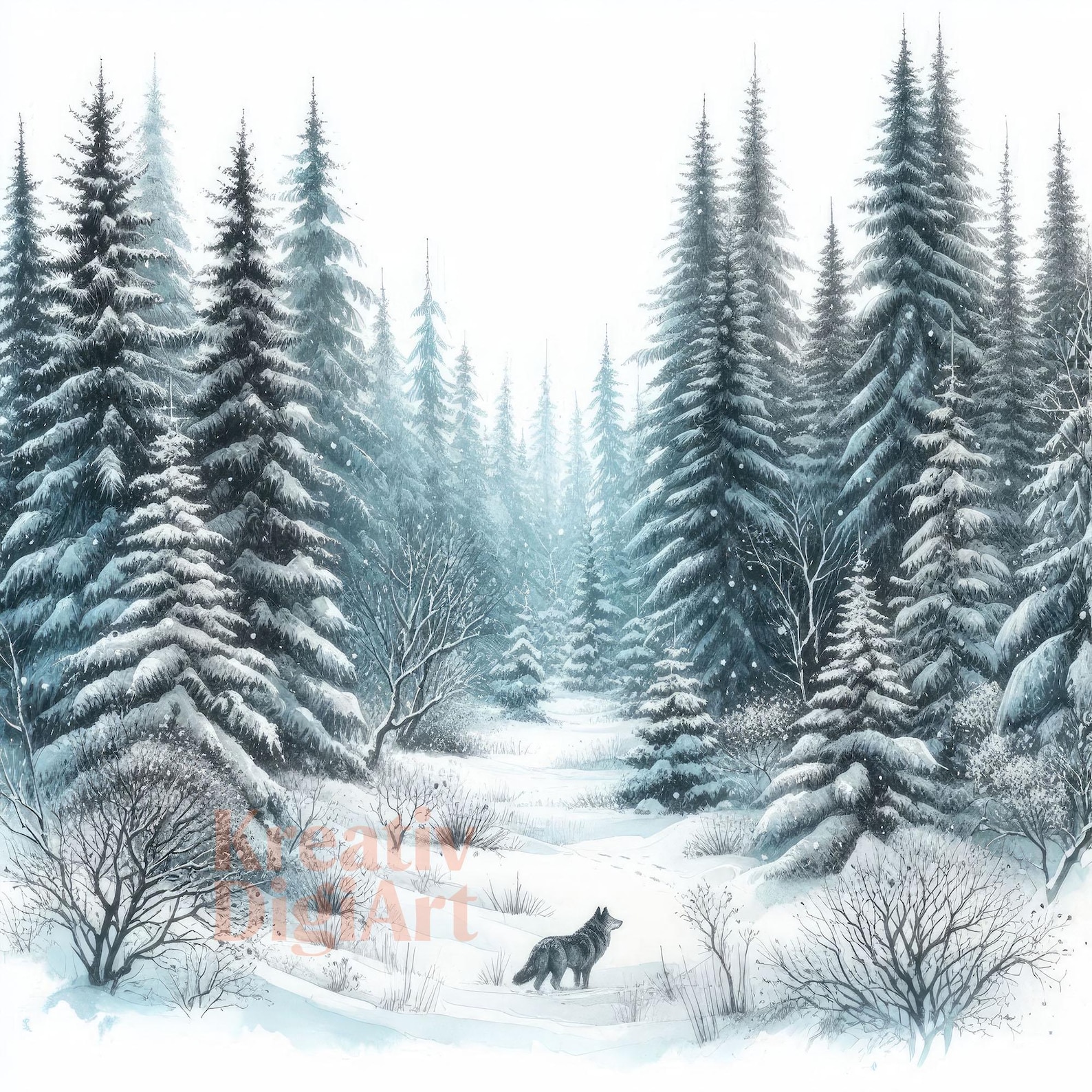 Watercolor Winter Forest Clipart, Snowy Forest Scene JPG, Winter in the ...