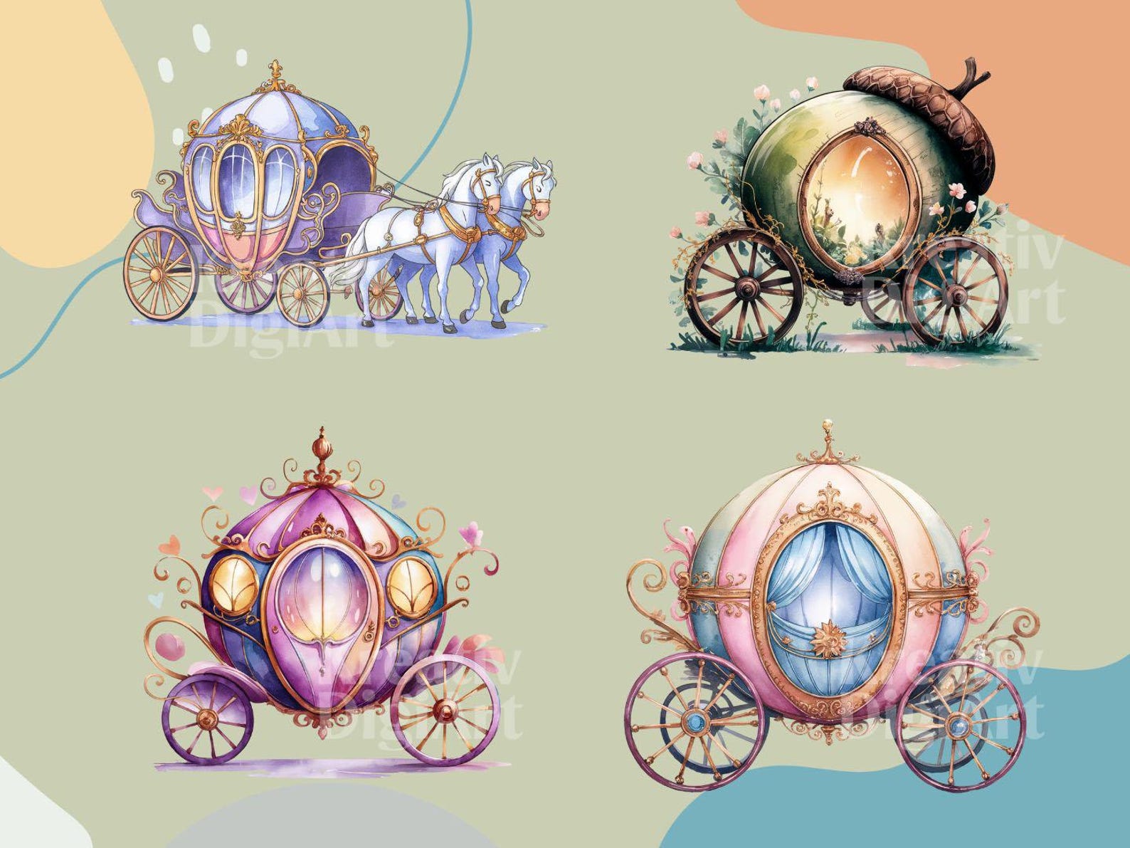 Watercolor Fairytale Carriage Clipart, Princess Carriage Clip Art ...