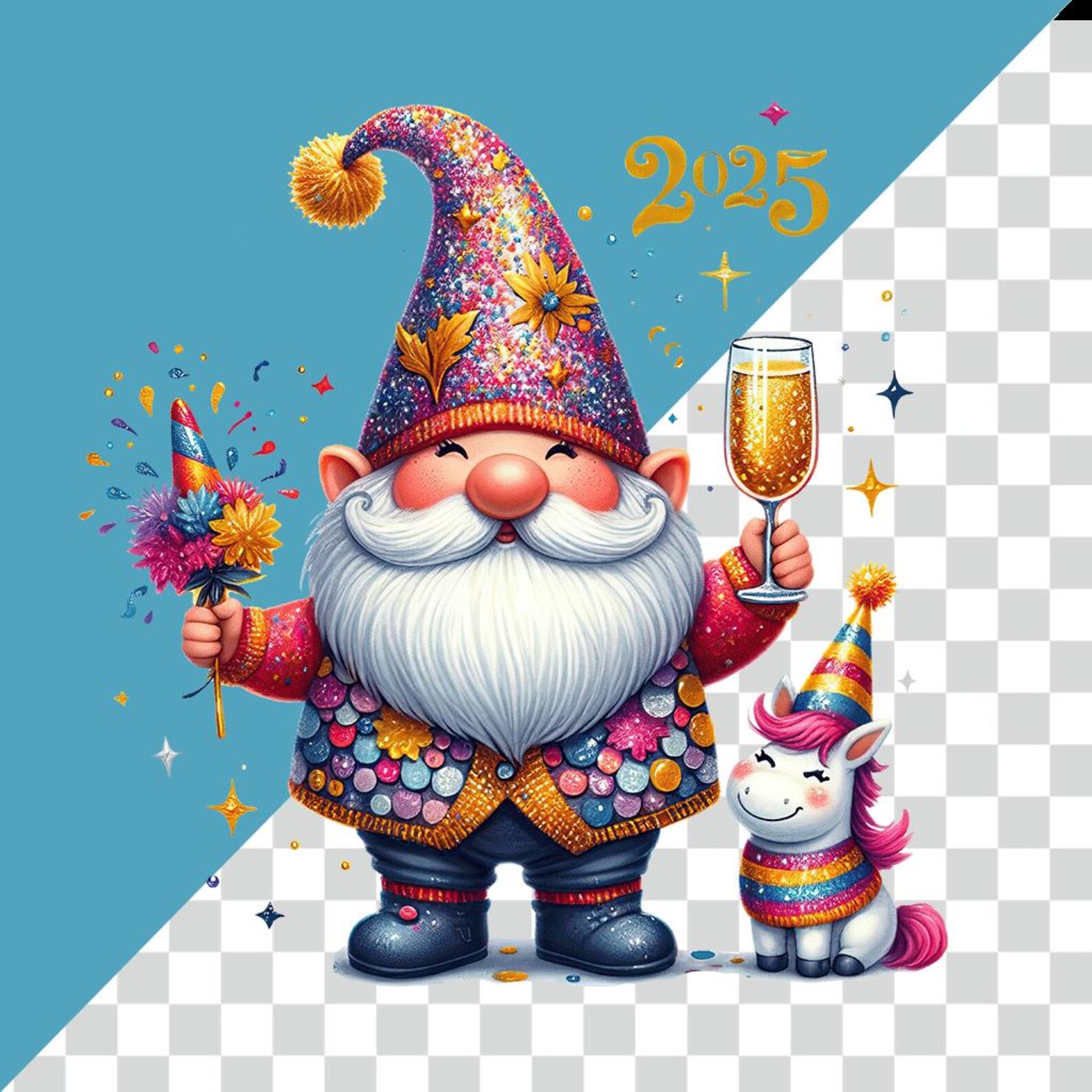 New Year 2025 Gnome PNG Clipart, Cute Gnome and Baby Unicorn ...