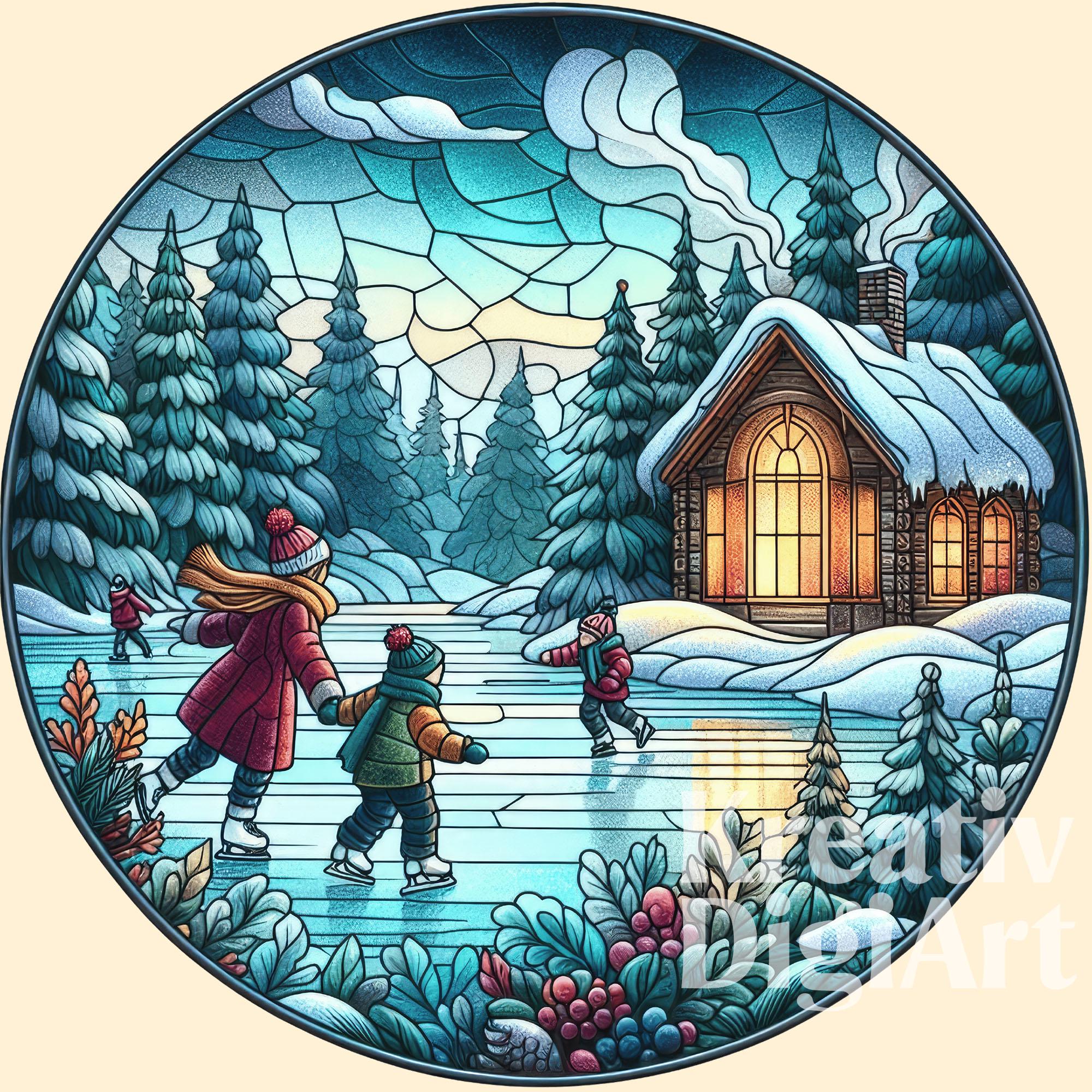 Winter Scene Stained Glass Clipart, Winter Landscape PNG, Snowflake ...
