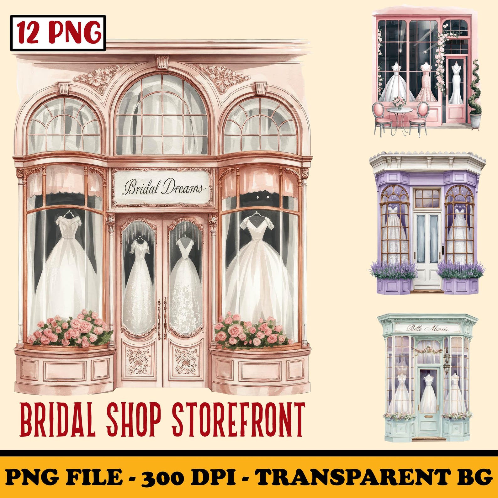 Bridal Shop Storefront Clipart, Pastel Bridal Dress PNG, Vintage ...