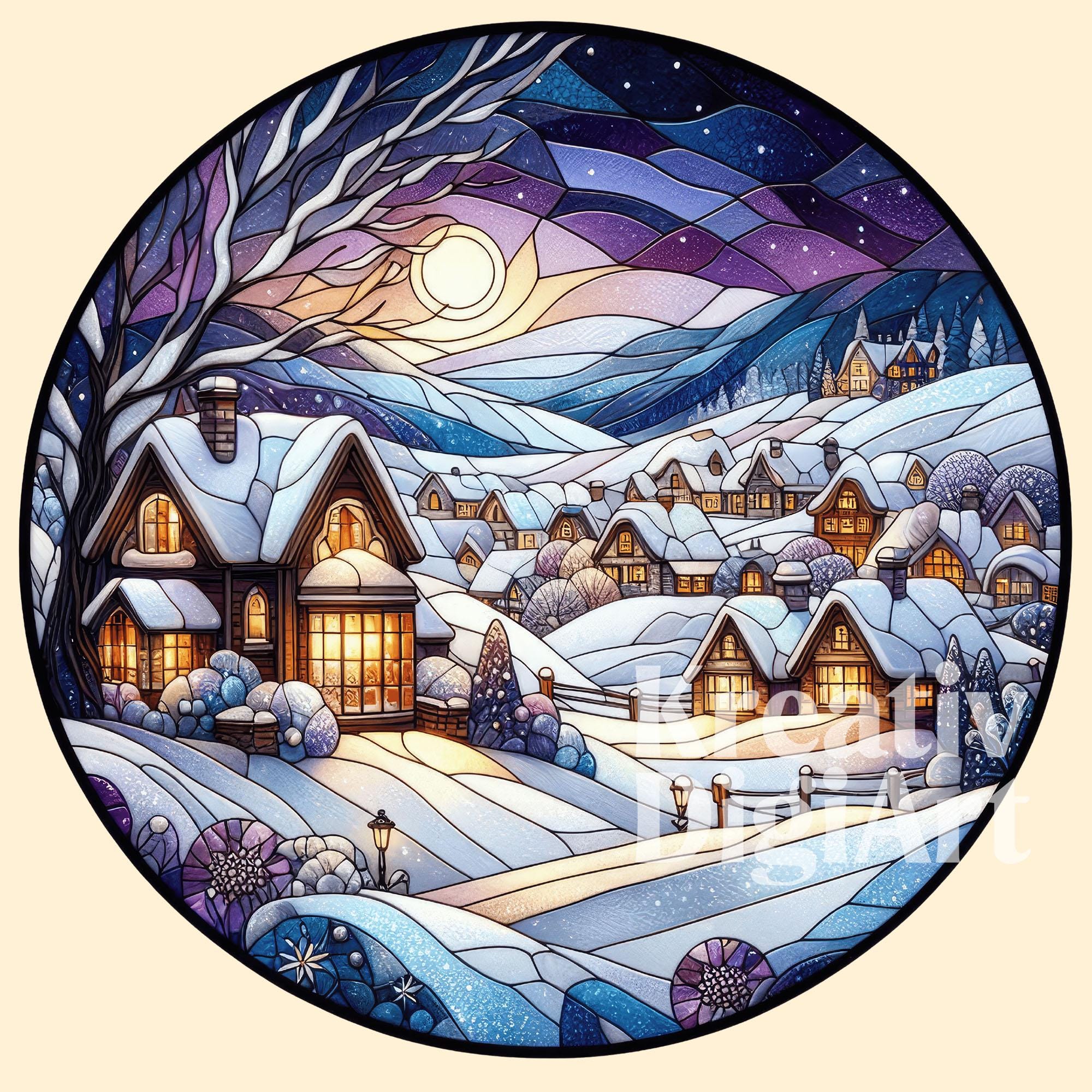 Winter Scene Stained Glass Clipart, Winter Landscape PNG, Snowflake ...