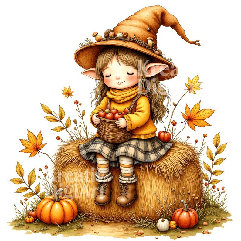 Autumn Gnome Girl Clipart, Watercolor Cute Rustic Fall Gnomes Sitting ...