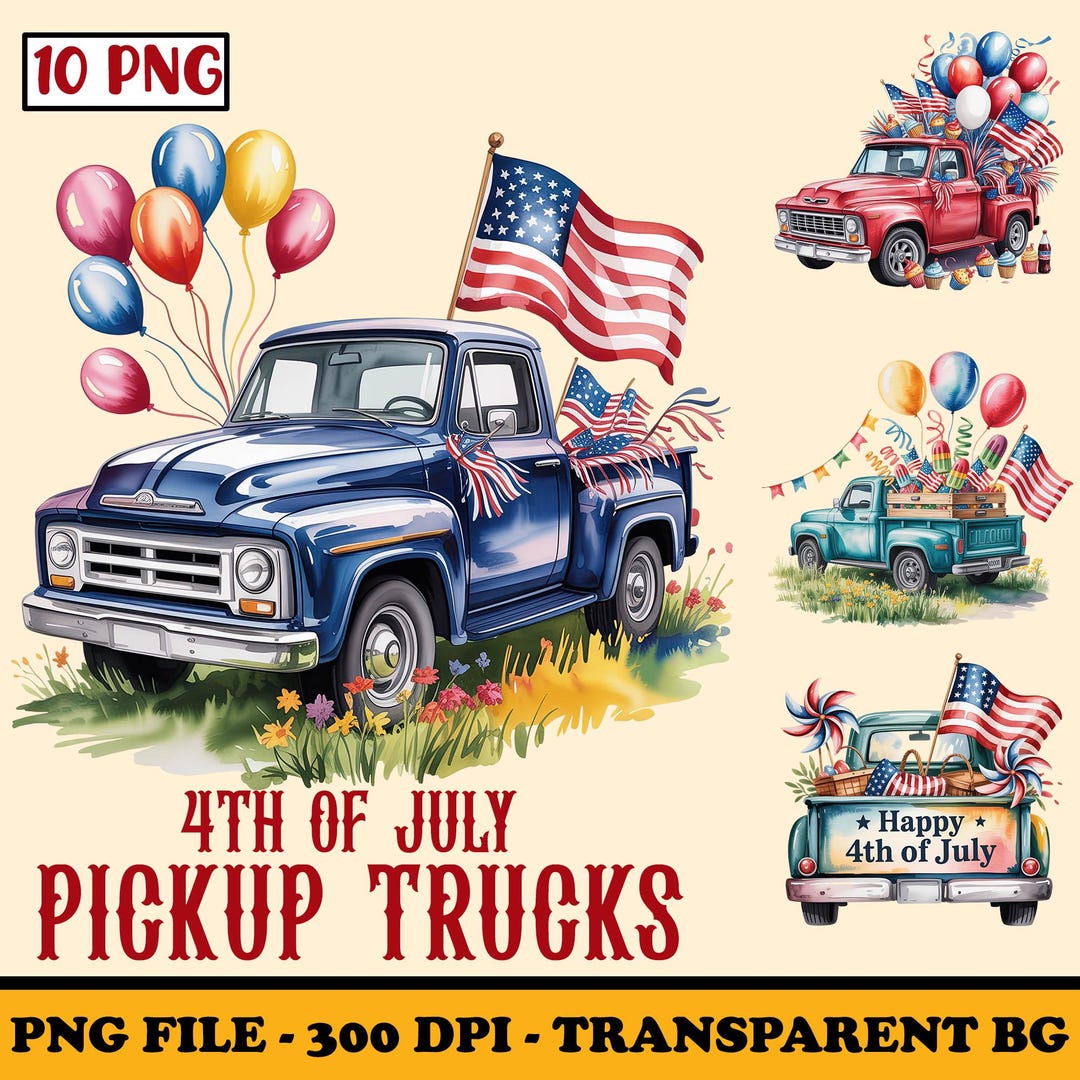 Watercolor Classic Pickup Truck Clipart, 4th of July Patriotic Truck ...