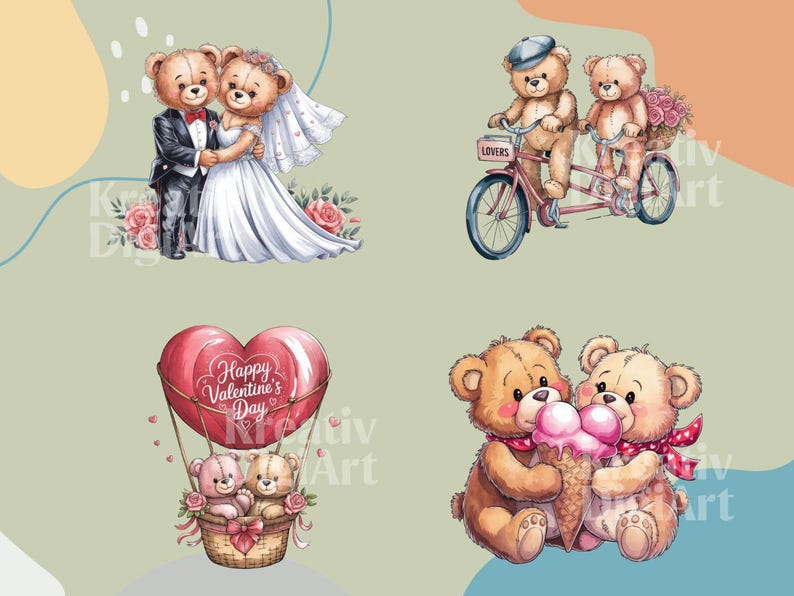 Valentine's Day Teddy Bear Couple Clipart, Cute Romantic Bears ...