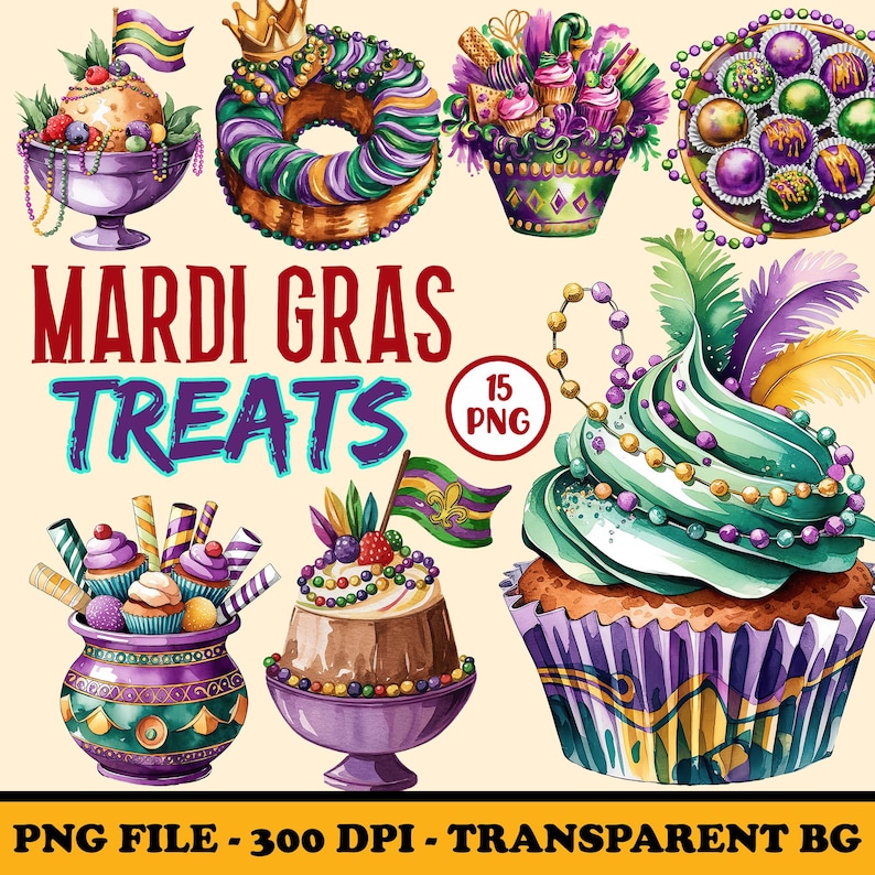 Mardi Gras Treat PNG, Carnival Foods Clipart, Watercolor Masquerade ...