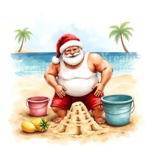4+++ Tropical Santa Claus Clipart, Watercolor Surfing Santa JPEG ...