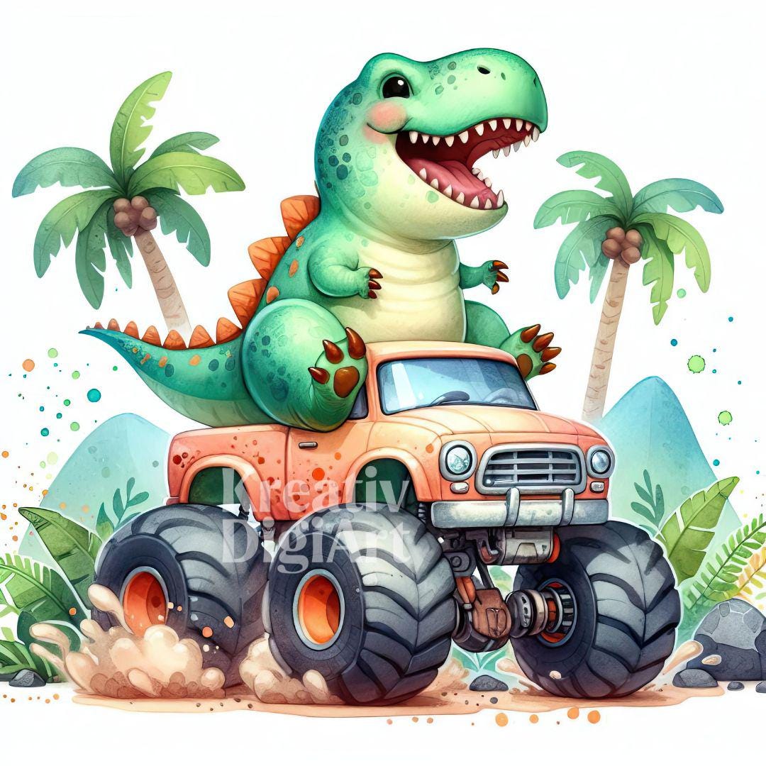 Watercolor Chubby T-rex Riding Monster Truck Clipart, Cute Dinosaur T ...