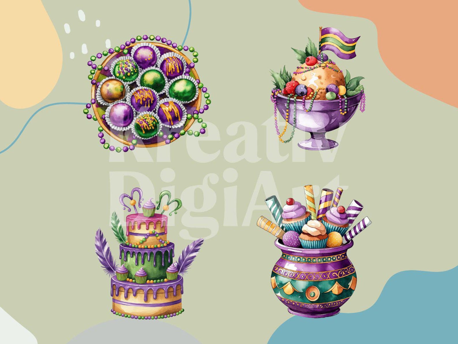 Mardi Gras Treat PNG, Carnival Foods Clipart, Watercolor Masquerade ...