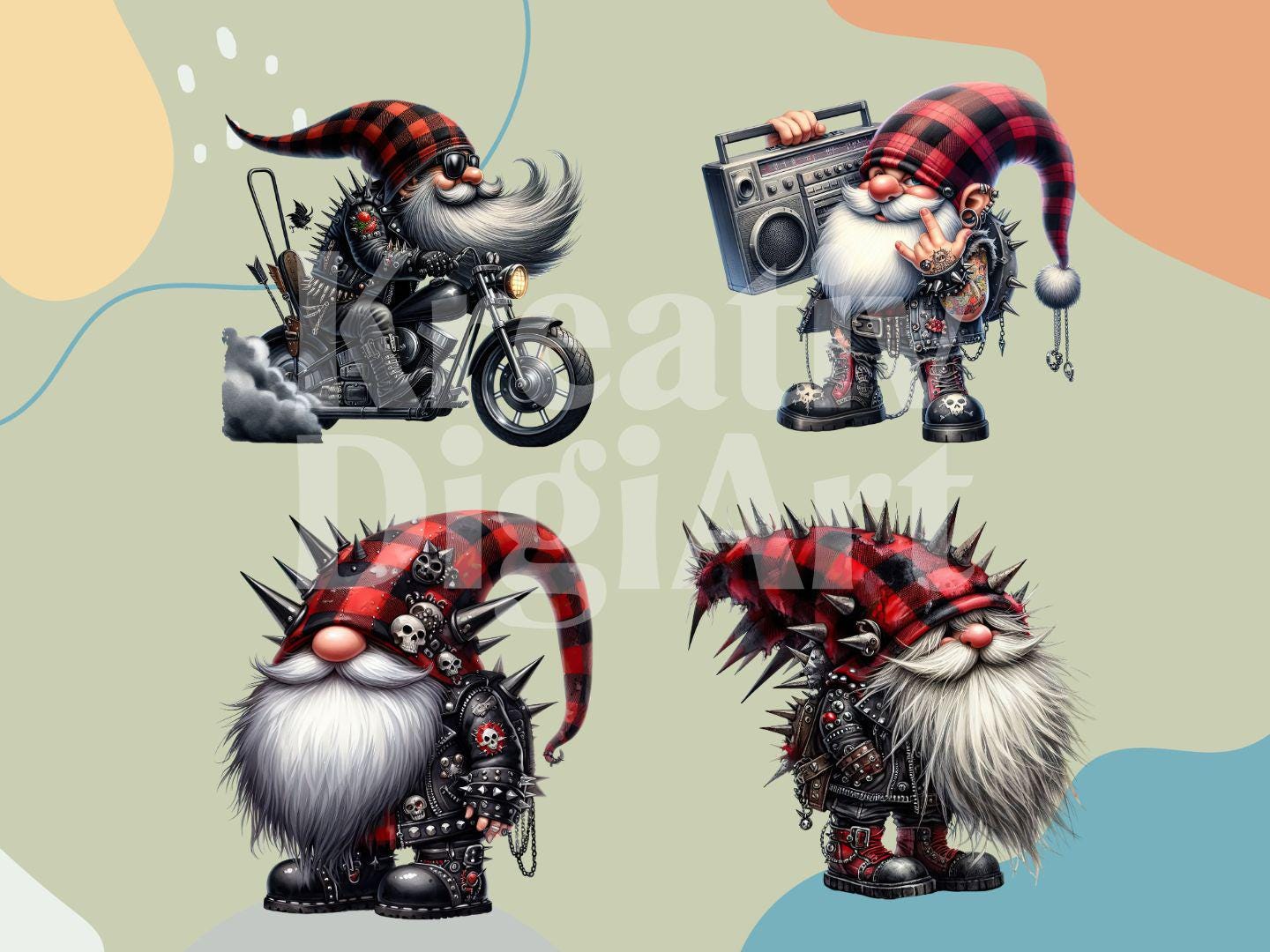 Punk Gnome Clipart Set, Watercolor Rocker Gnome PNG, Plaid Gnome ...