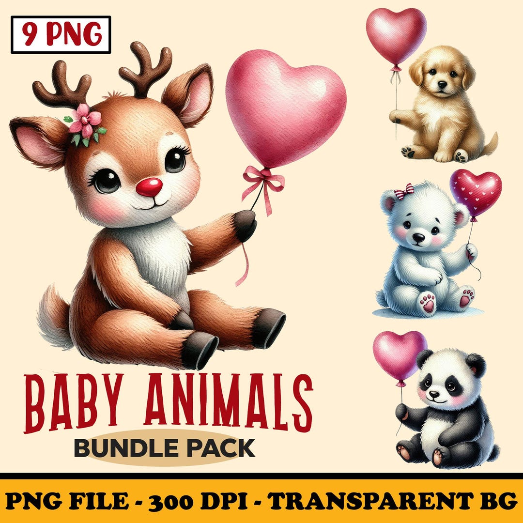 Cute Romantic Animals Holding Heart Balloons, Valentine's Day Baby ...