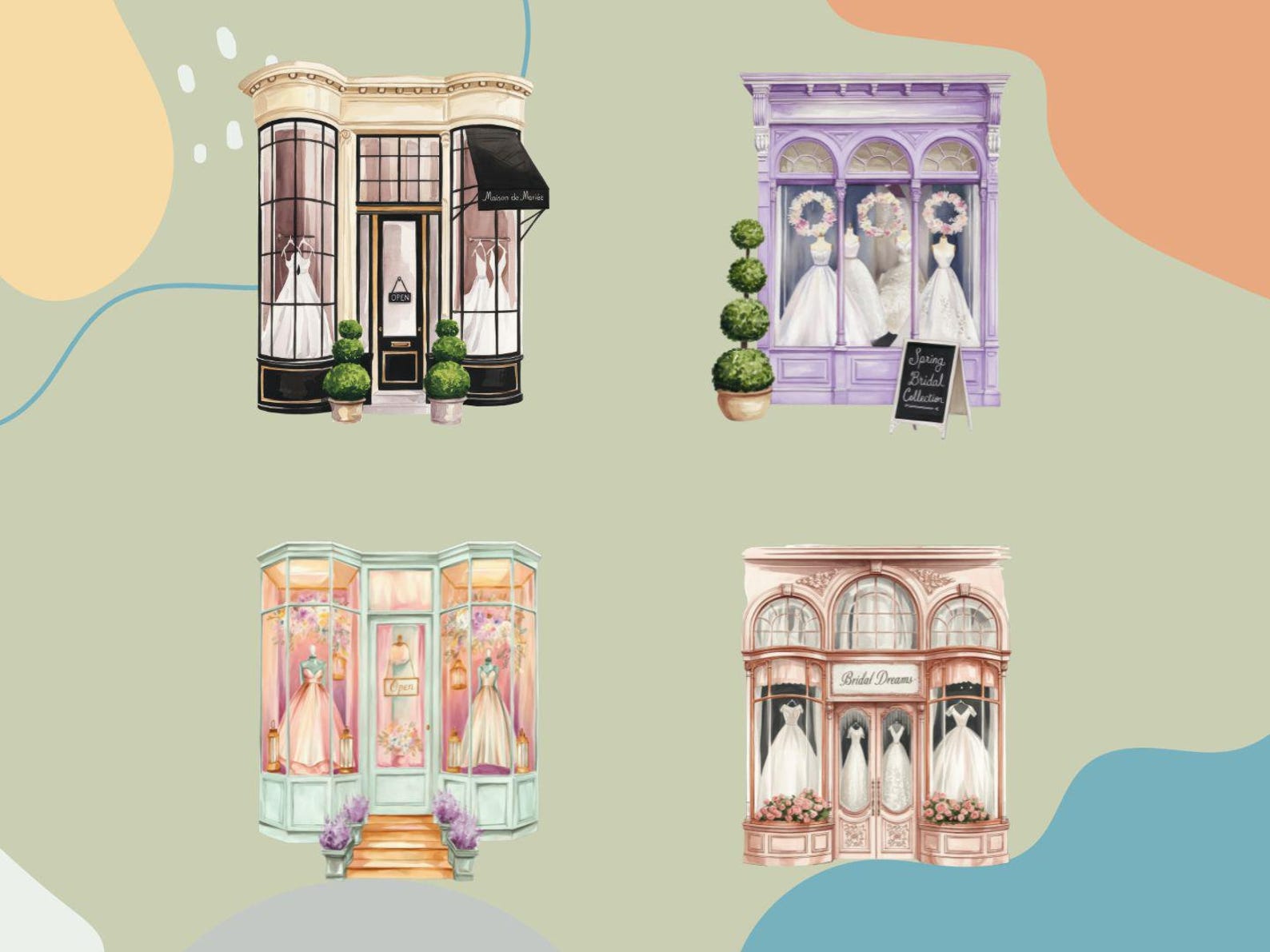 Bridal Shop Storefront Clipart, Pastel Bridal Dress PNG, Vintage ...