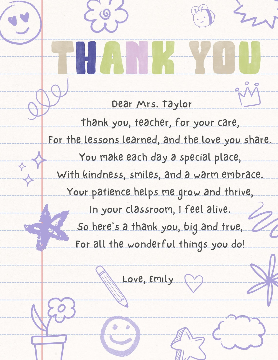 Editable Thank You Note for Teacher - Thank You Card for Teacher ...