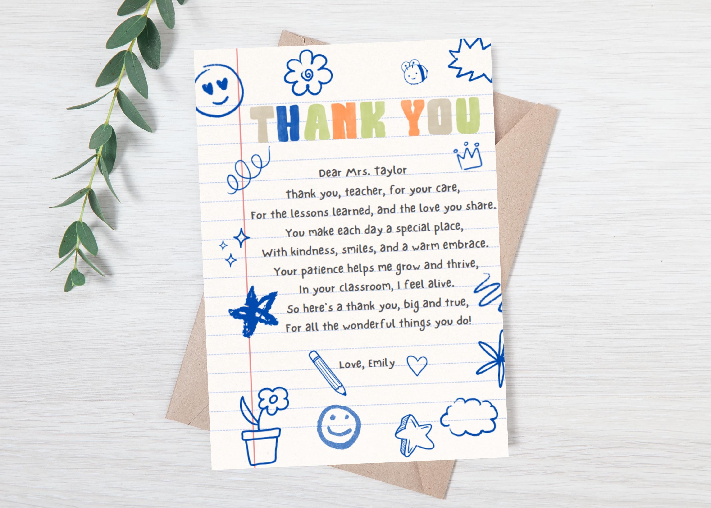 Editable Thank You Note for Teacher Thank You Card for Teacher Thank ...