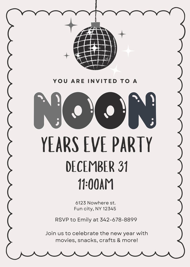 Editable Noon Years Eve Party Invite - Kids New Years Eve Party Evite ...