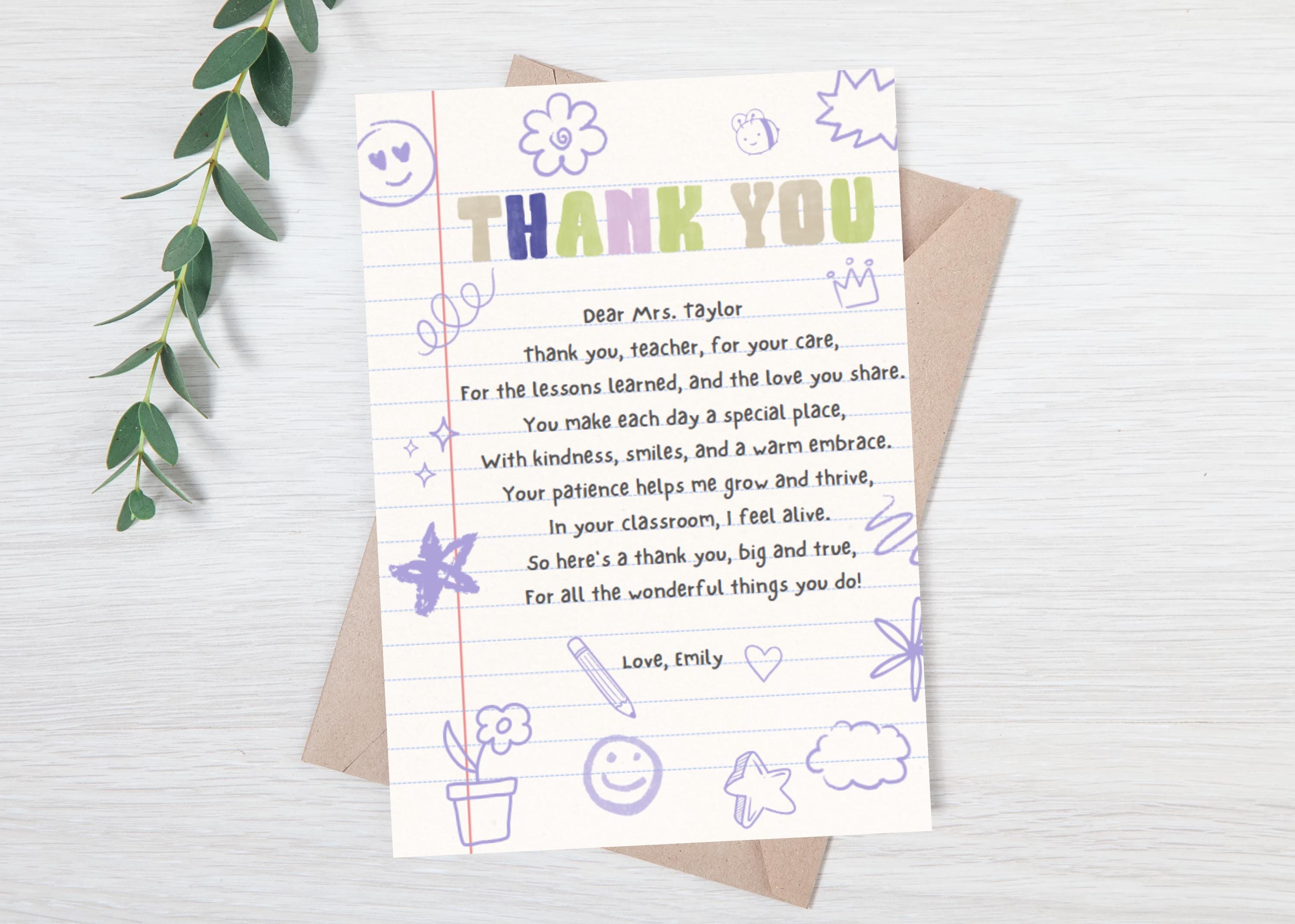 Editable Thank You Note for Teacher - Thank You Card for Teacher ...