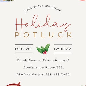 Editable Holiday Potluck Invitation - Office Potluck Evite - Corporate ...