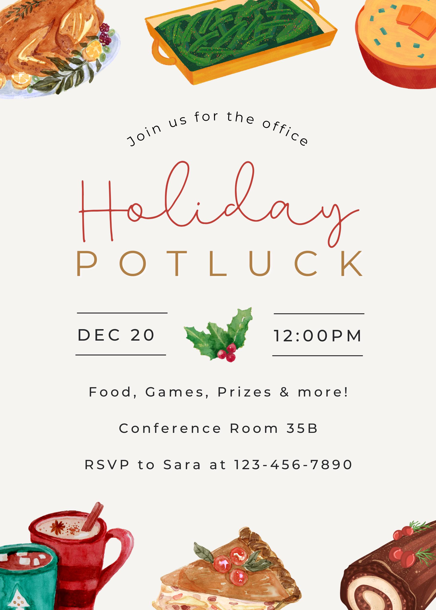 Editable Holiday Potluck Invitation - Office Potluck Evite - Corporate ...