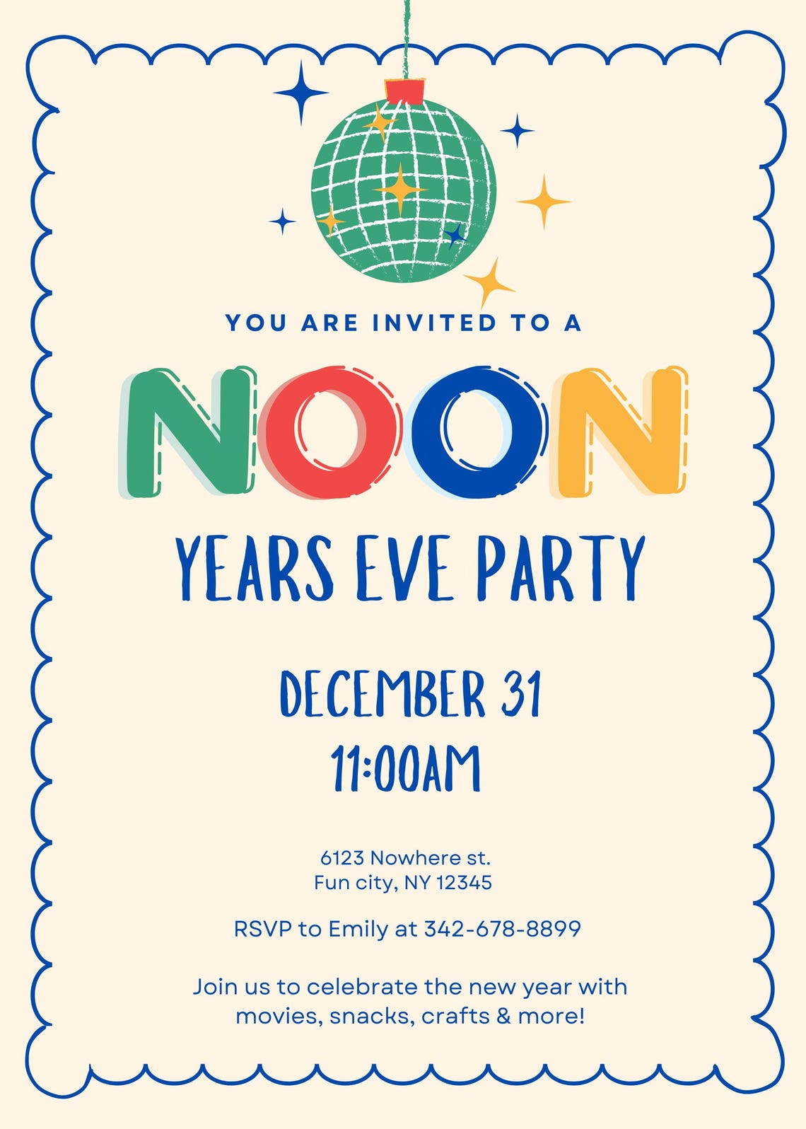 Editable Noon Years Eve Party Invite - Kids New Years Eve Party Evite ...