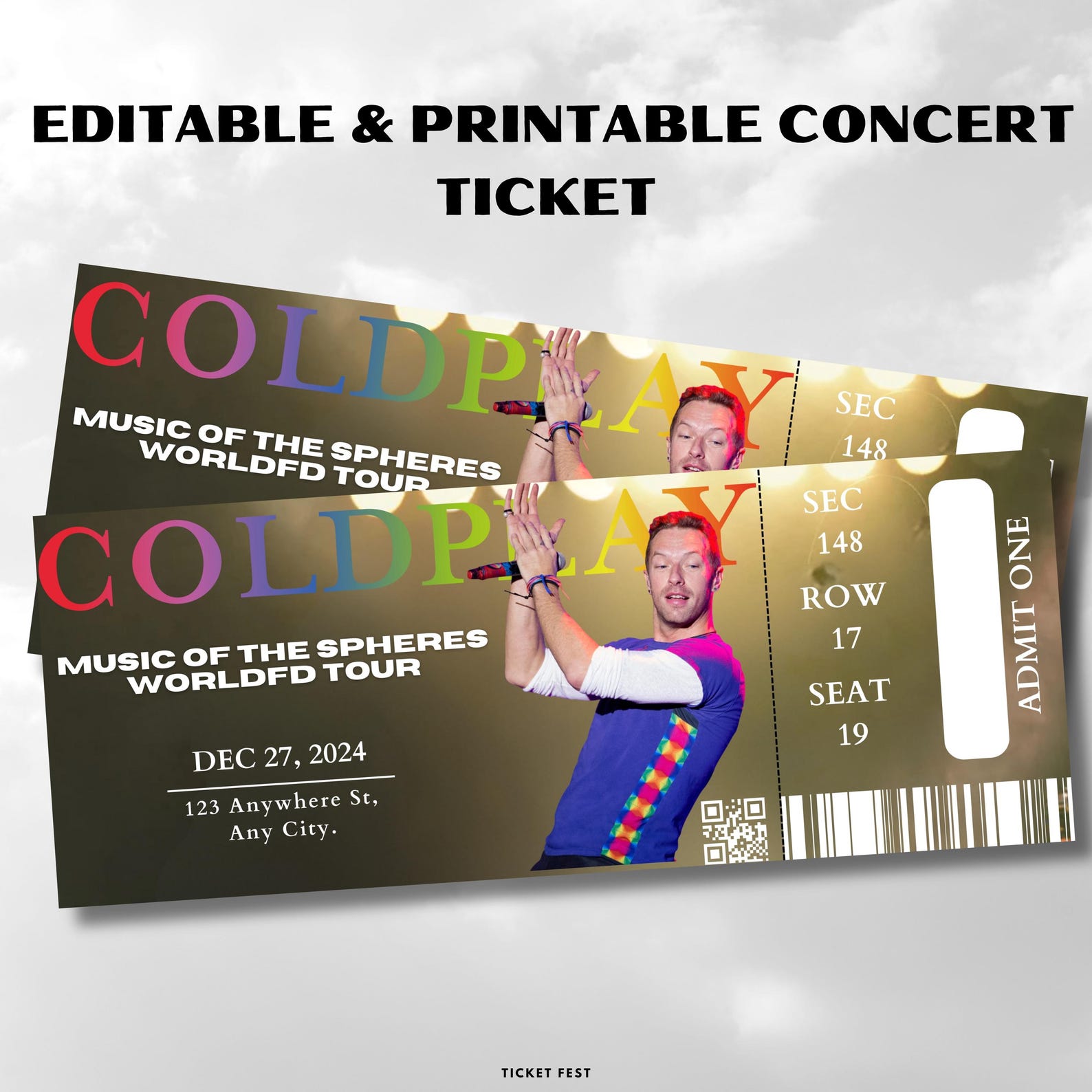 Coldplay Gold Ticket Template, Music of the Spheres World Tour Concert ...