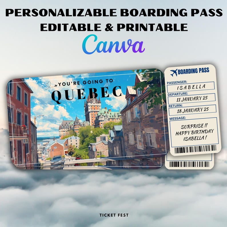 Quebec Editable Travel Boarding Pass, Surprise Trip Ticket Gift ...
