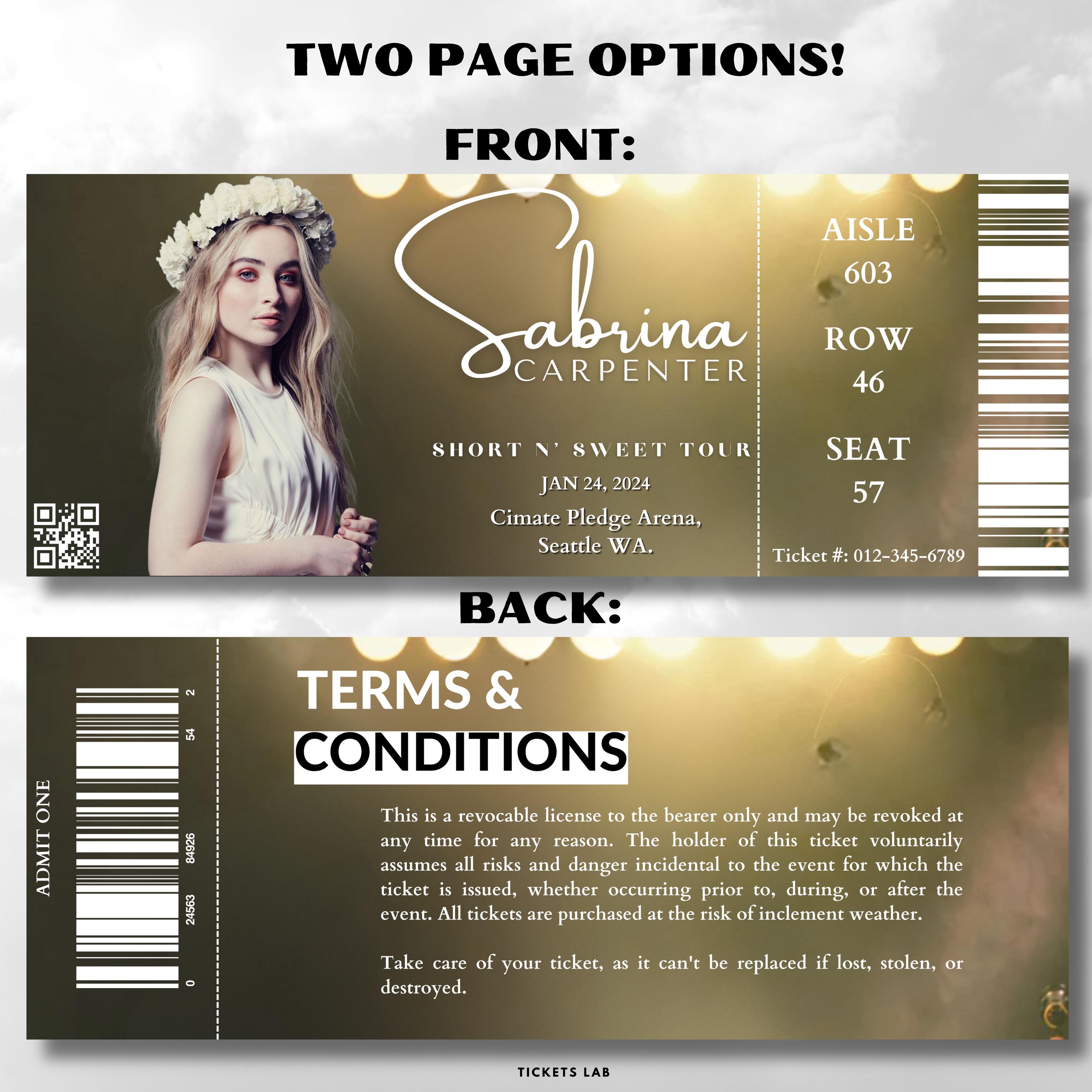 Sabrina Short N' Sweet Tour Concert Ticket Template, Editable Concert Ticket , Concert Ticket ...