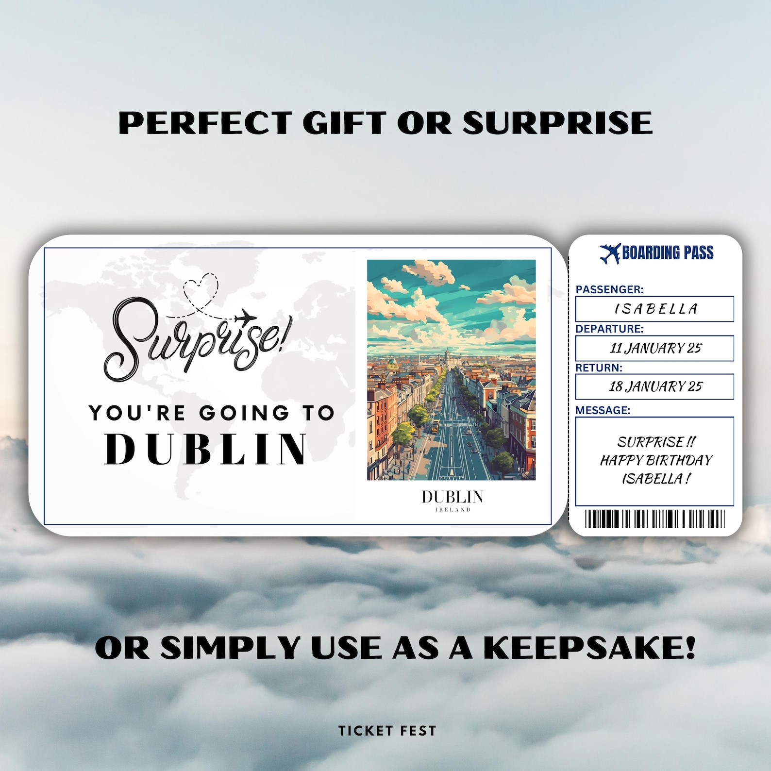 Dublin Editable Travel Boarding Pass, Surprise Trip Ticket Gift ...