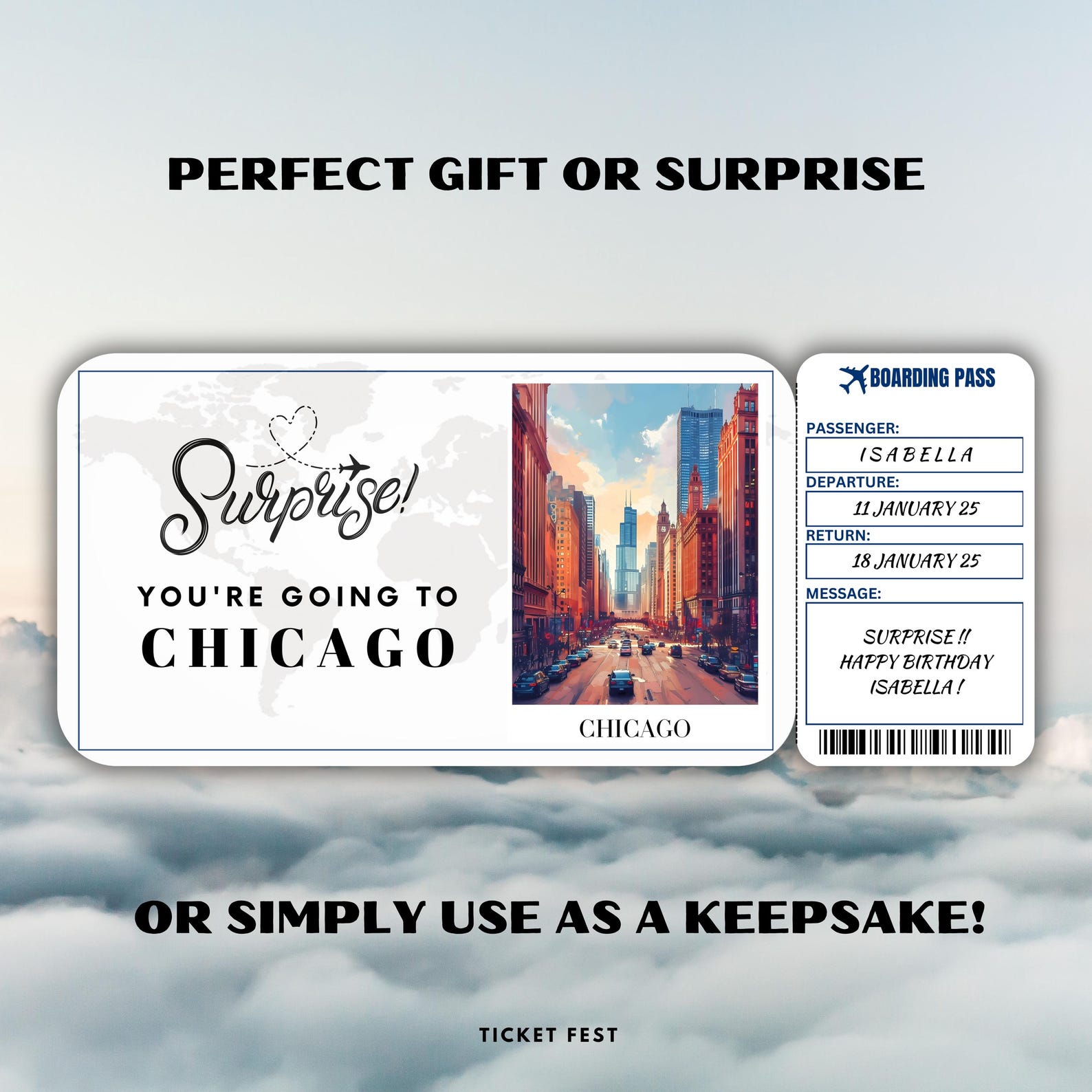 Chicago Editable Travel Boarding Pass, Surprise Trip Ticket Gift ...