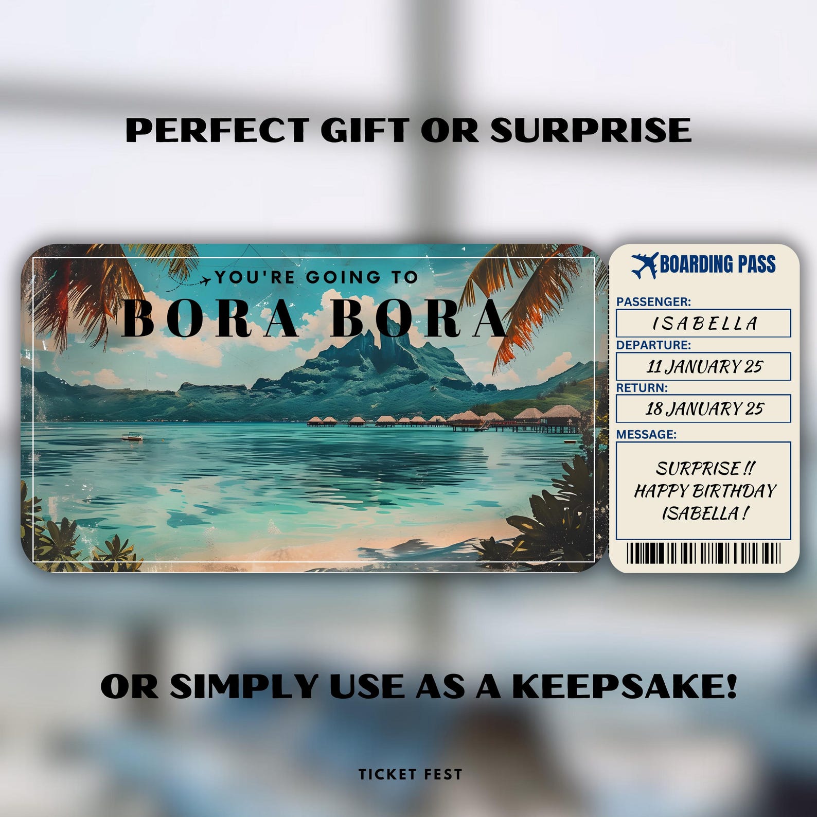 Bora Bora Editable Travel Boarding Pass, Surprise Trip Ticket Gift ...
