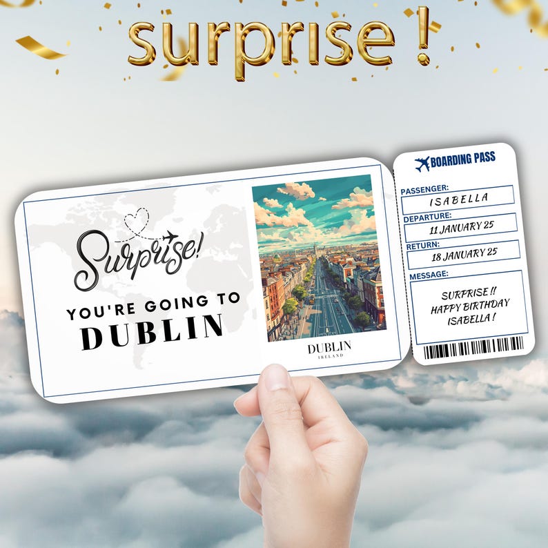Dublin Editable Travel Boarding Pass, Surprise Trip Ticket Gift ...