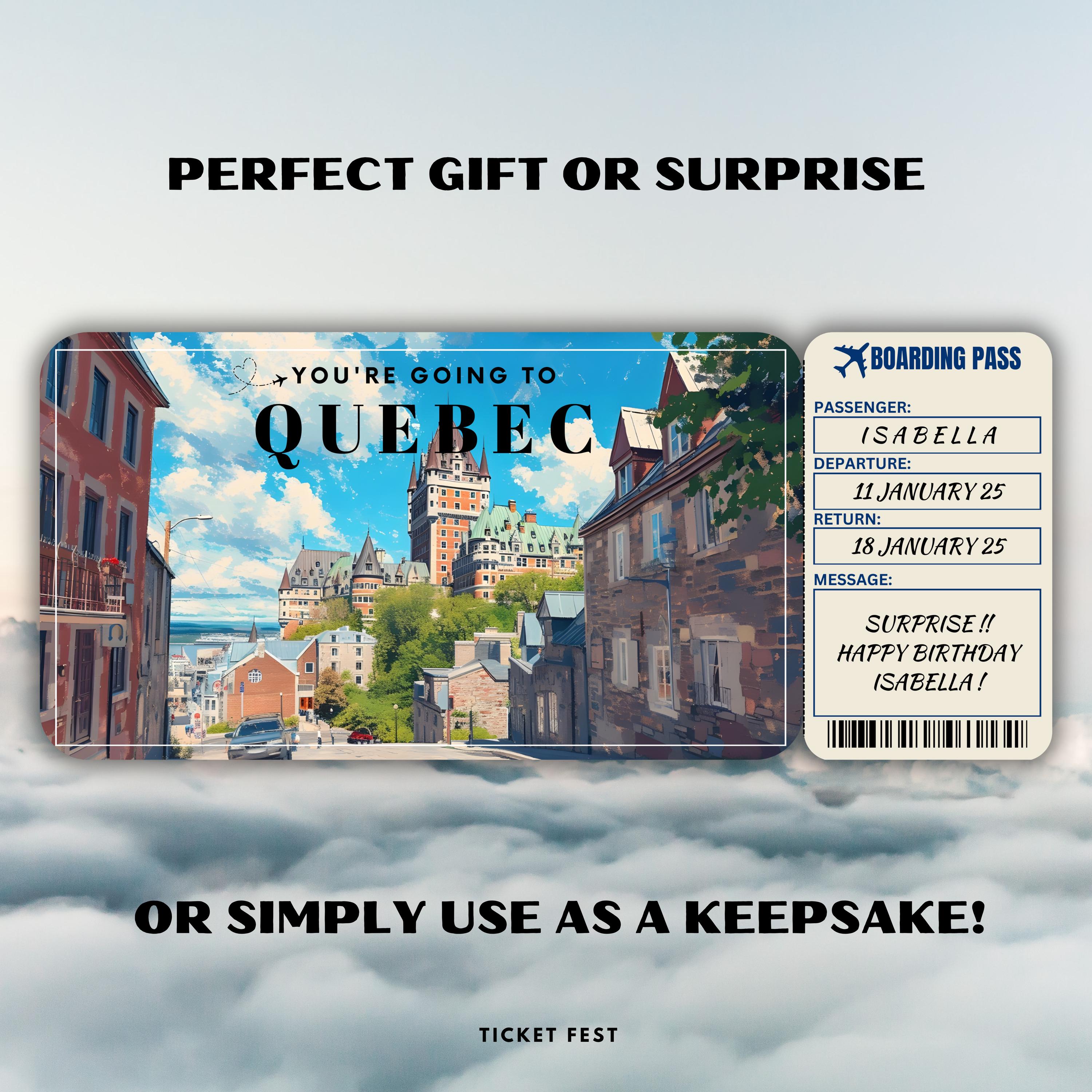 Quebec Editable Travel Boarding Pass, Surprise Trip Ticket Gift ...