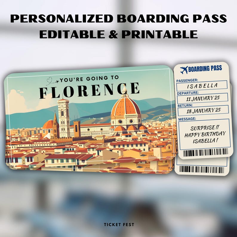 Florence Editable Travel Boarding Pass, Surprise Trip Ticket Gift ...