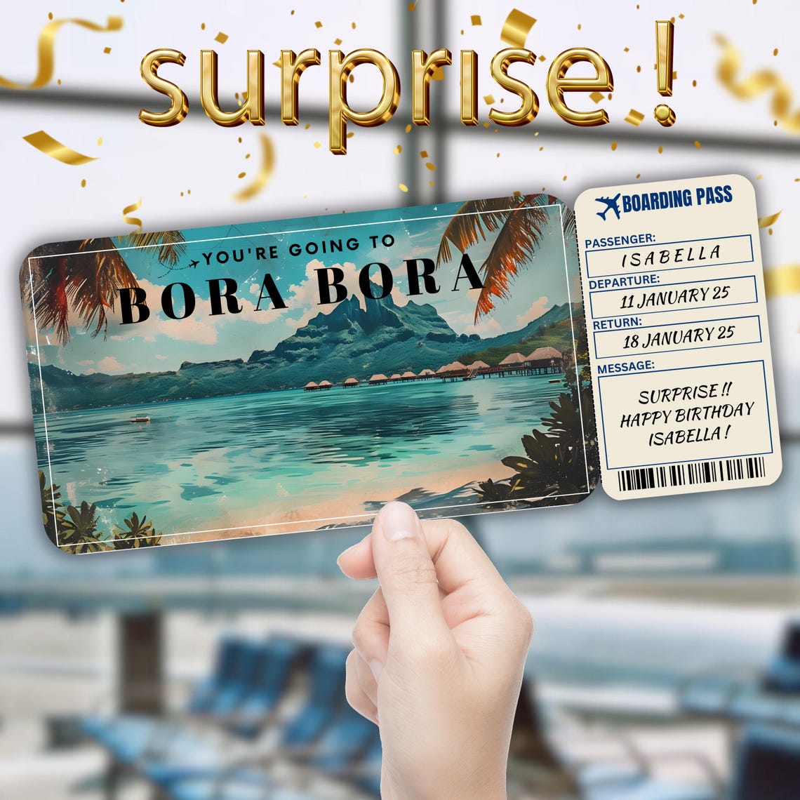Bora Bora Editable Travel Boarding Pass, Surprise Trip Ticket Gift ...
