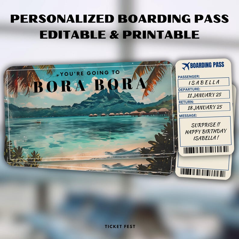 Bora Bora Editable Travel Boarding Pass, Surprise Trip Ticket Gift ...