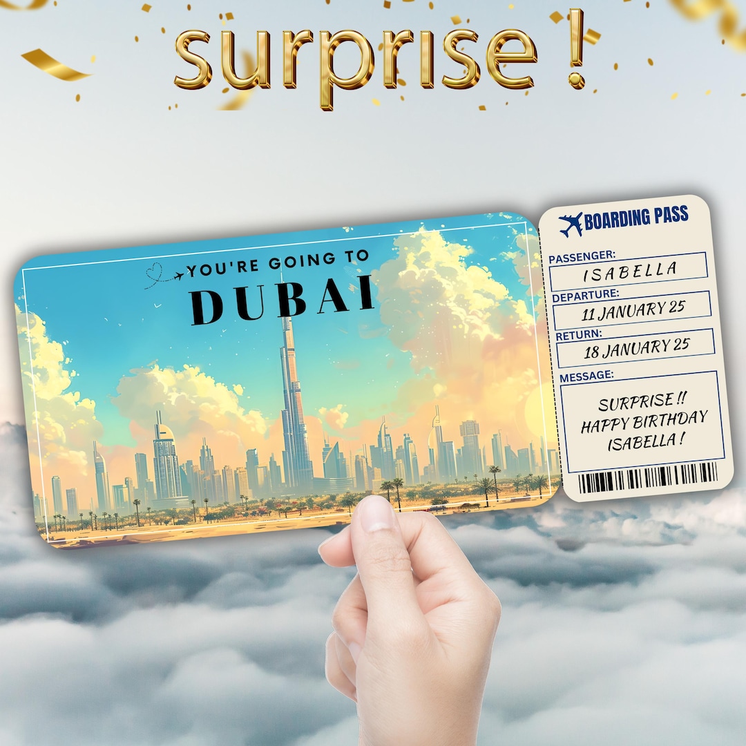 Dubai UAE Editable Travel Boarding Pass, Surprise Trip Ticket Gift ...