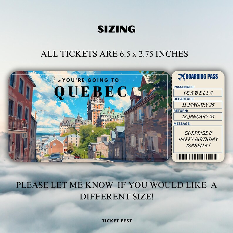 Quebec Editable Travel Boarding Pass, Surprise Trip Ticket Gift ...