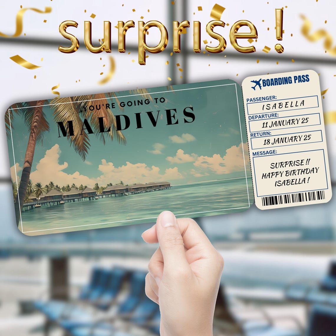 Maldives Editable Travel Boarding Pass, Surprise Trip Ticket Gift ...