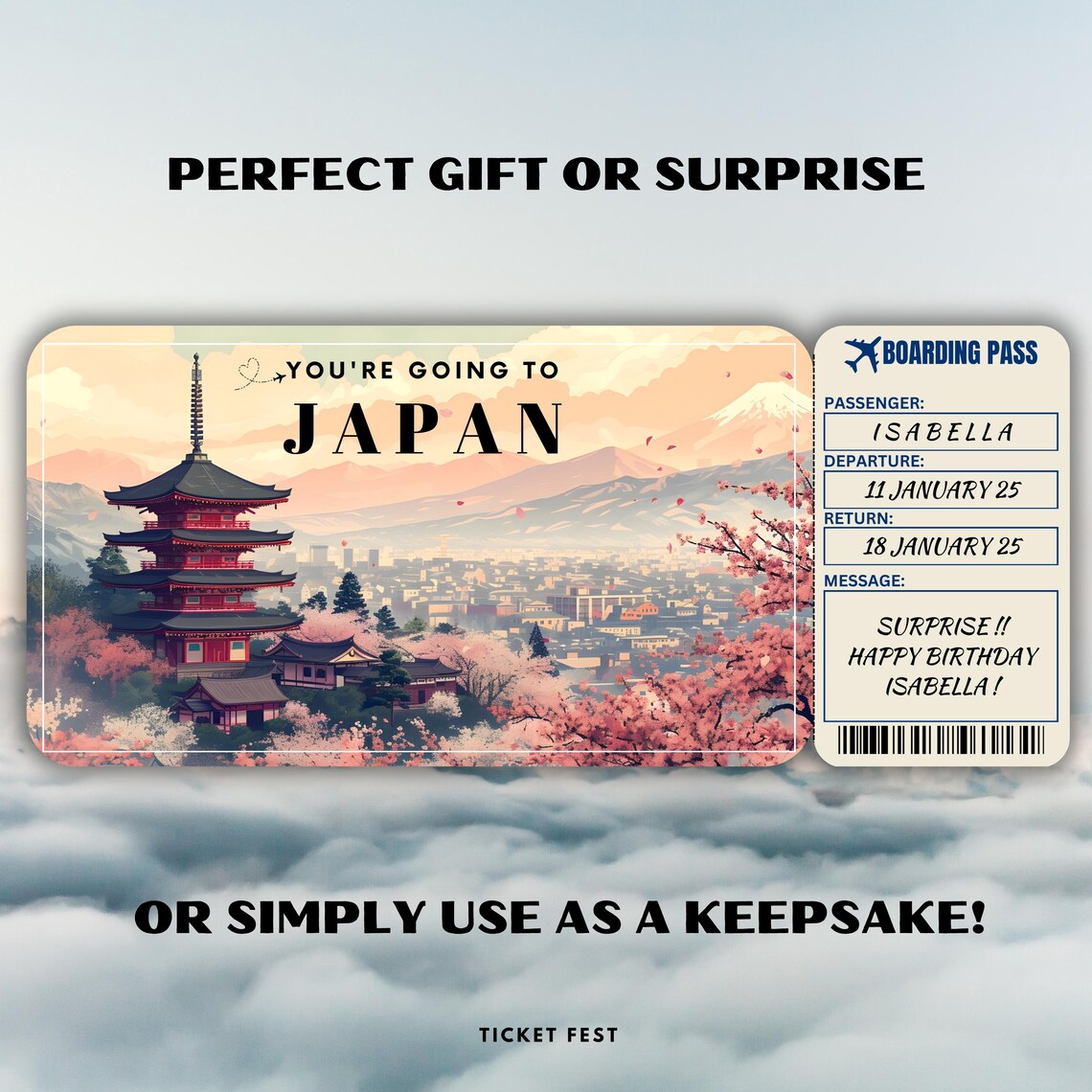 Kyoto Japan Surprise Gift Ticket, Editable Boarding Pass Template ...